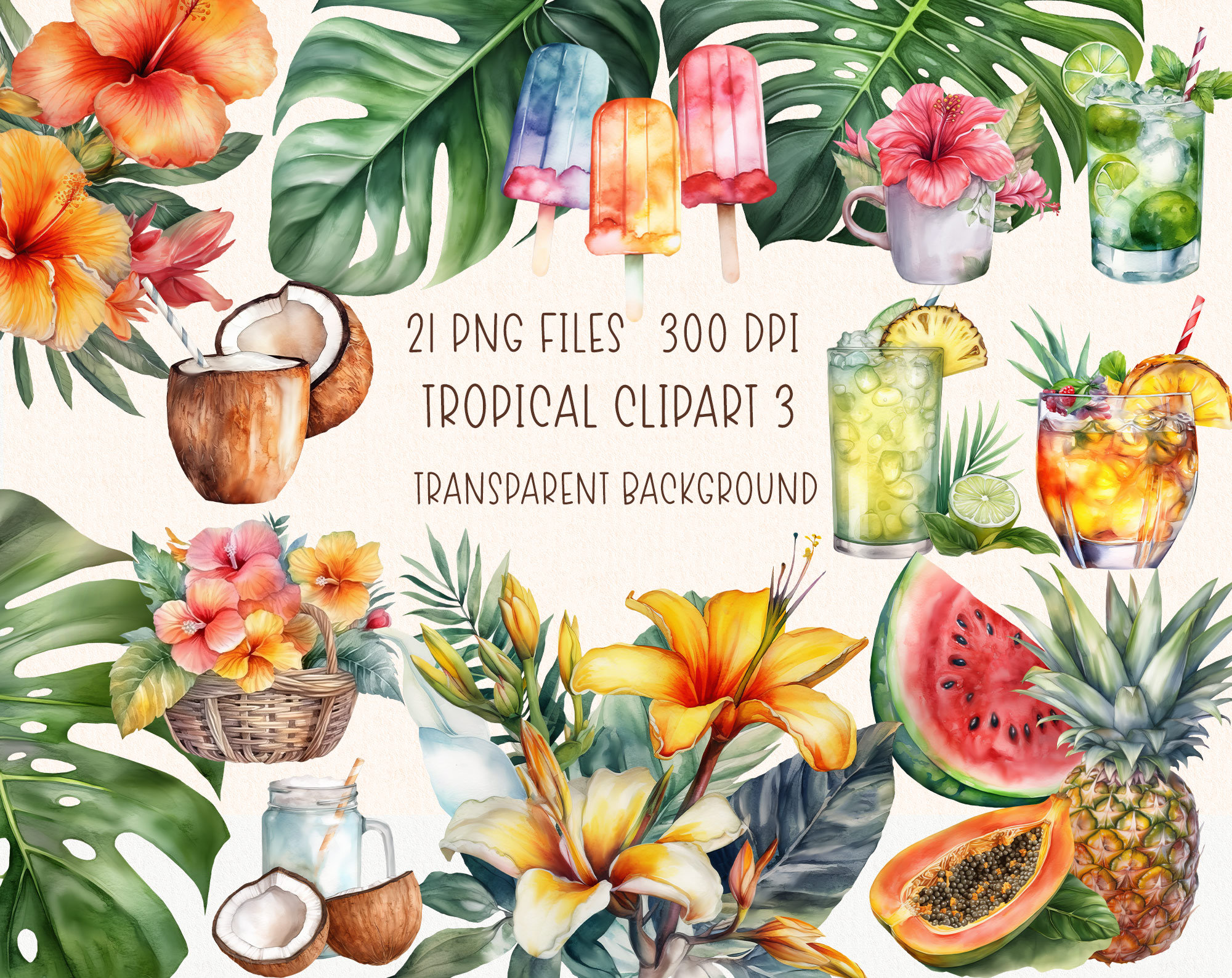 Tropical Clipart Watercolor Summer Beach Clip Art Fruits and Flowers ...