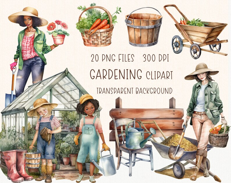 Watercolor Gardening Clipart | Farmhouse, Rustic Garden Illustration ...