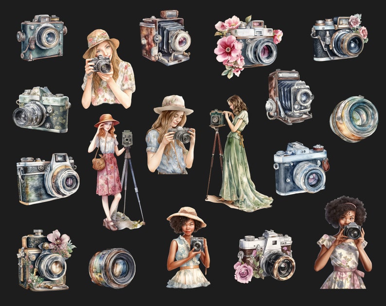 Watercolor Camera Clipart | Photographer Girl Illustration PNG - Etsy