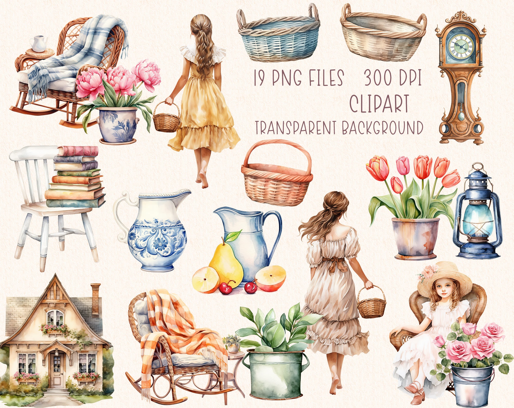 Cottage Core Clipart Watercolor Countryside Girl Illustrations Clip Art ...