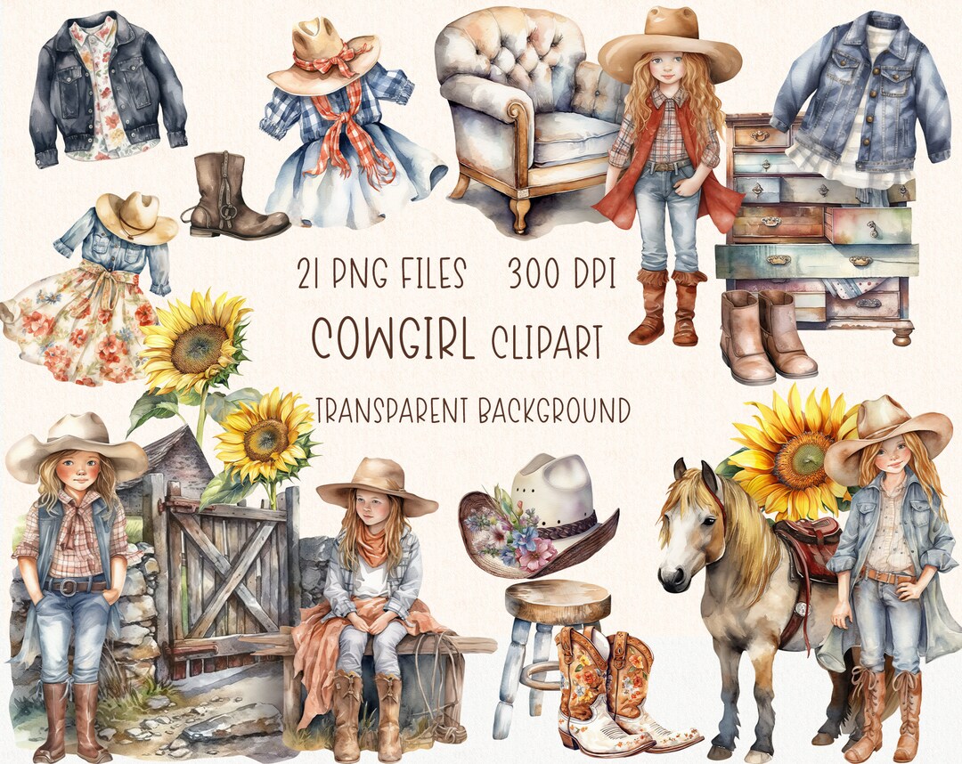 Cowgirl Clipart | Watercolor Western Cowboy Illustration PNG - Etsy
