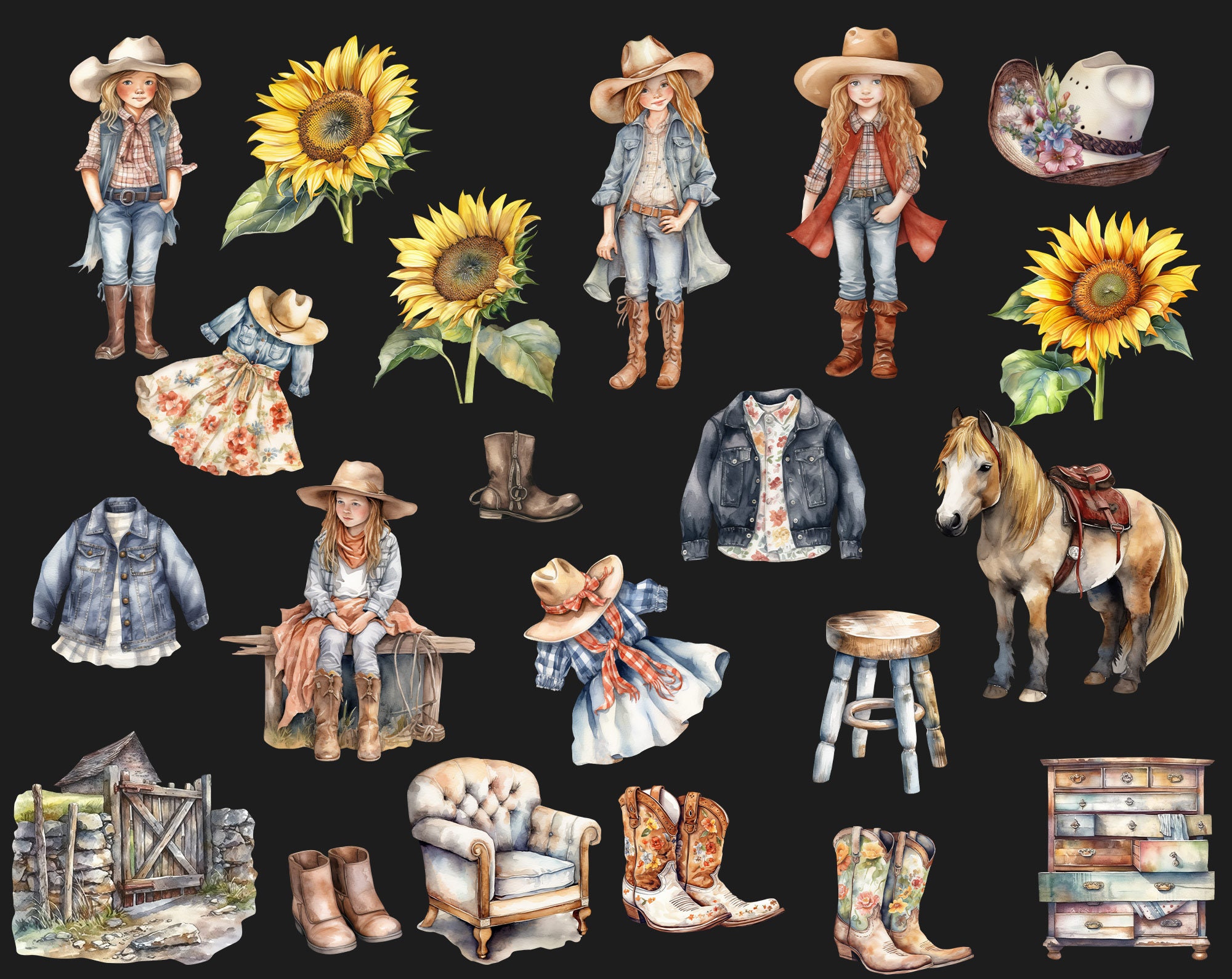 Cowgirl Clipart | Watercolor Western Cowboy Illustration PNG - Etsy