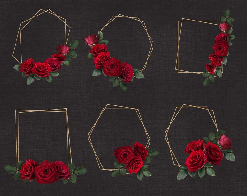 Red Roses Frames | Flowers Geometric Polygonal Frames Clipart | Gold ...