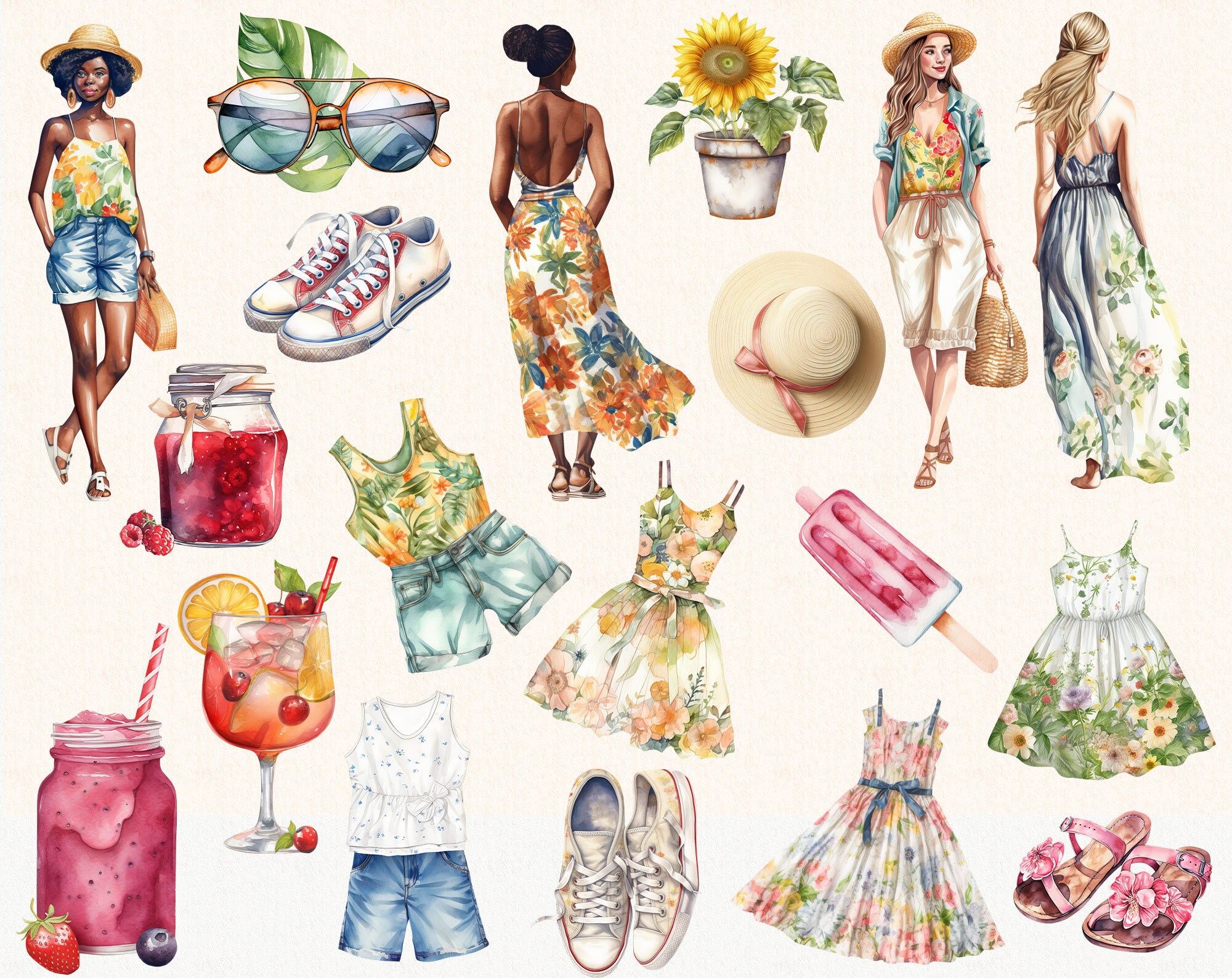 Summer Clipart Watercolor Girl Illustration PNG - Etsy