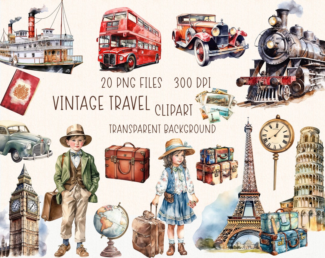 Vintage Travel Clipart | Watercolor Travel Vacation Illustration PNG - Etsy