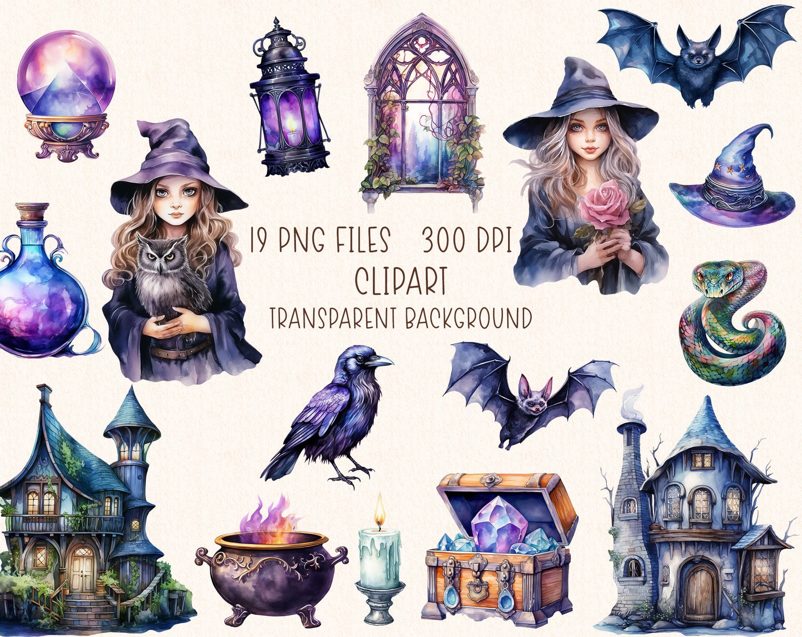Little Witch Clipart | Magical Illustrations Clip Art Set PNG - Etsy