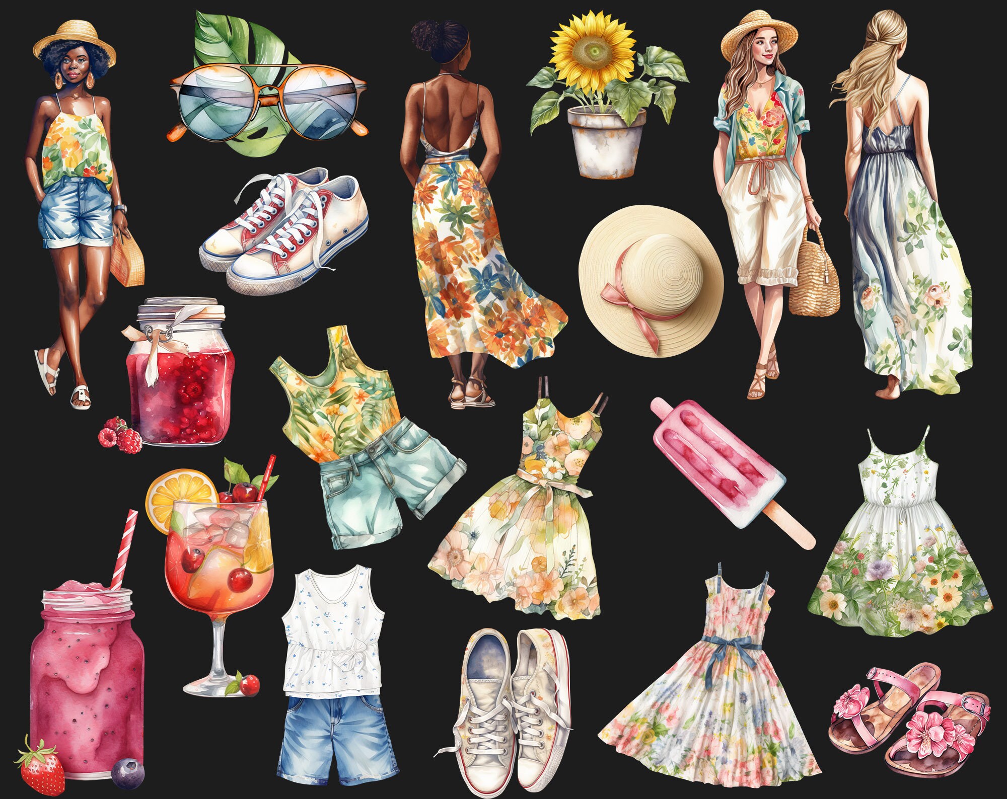 Summer Clipart Watercolor Girl Illustration PNG - Etsy