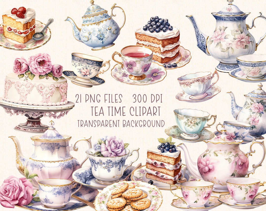 Tea Time Clipart | Watercolor Set of Tea Pots and Cups Clip Art PNG - Etsy