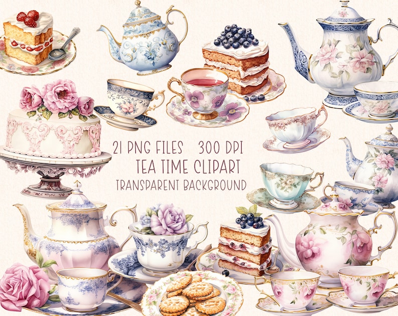 Tea Time Clipart | Watercolor Set of Tea Pots and Cups Clip Art PNG - Etsy