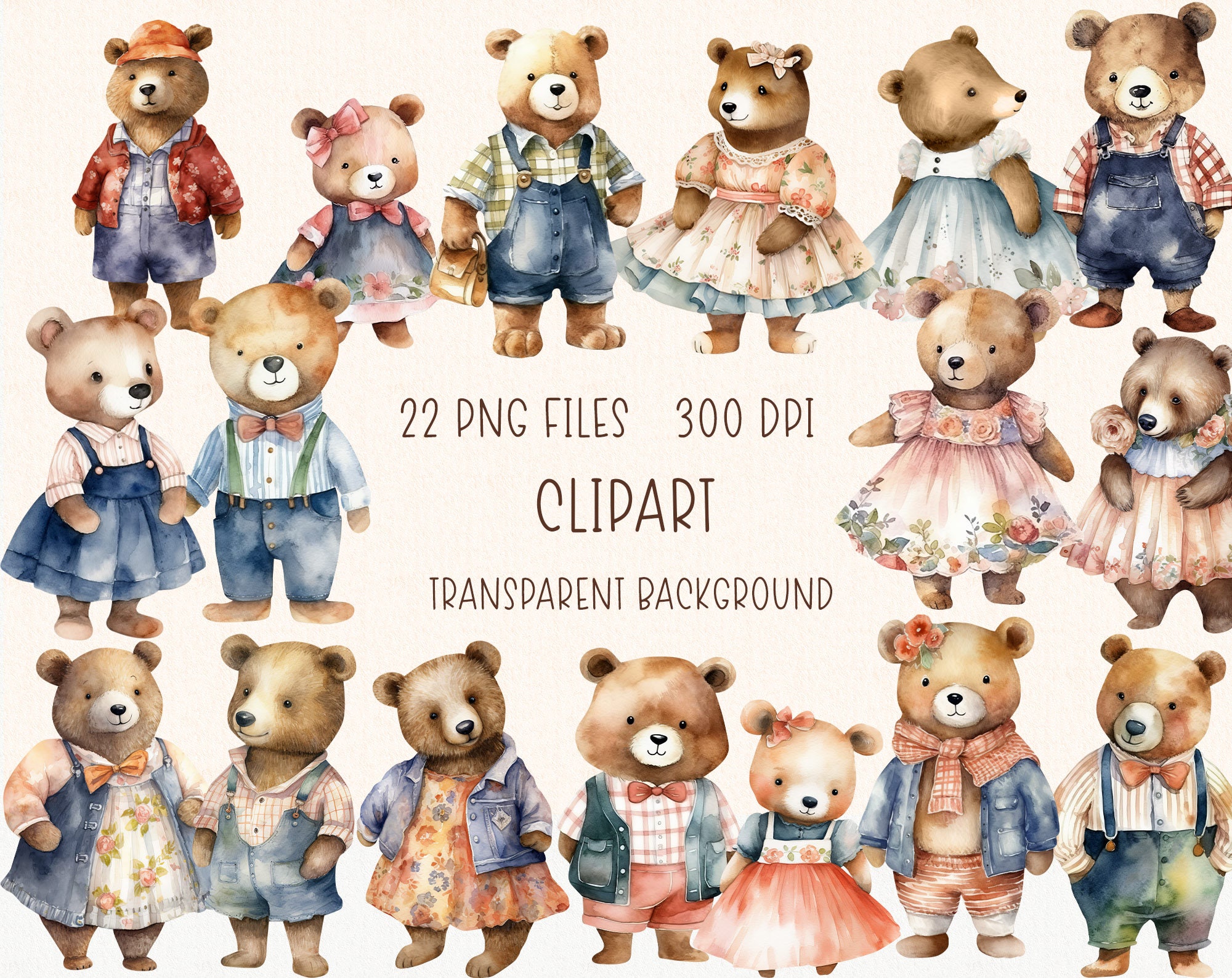 Cute Bears Clipart | Watercolor Illustration PNG - Etsy