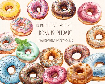 20 Watercolor Donuts Clipart Tasty Desserts PNG Macarons Instant ...