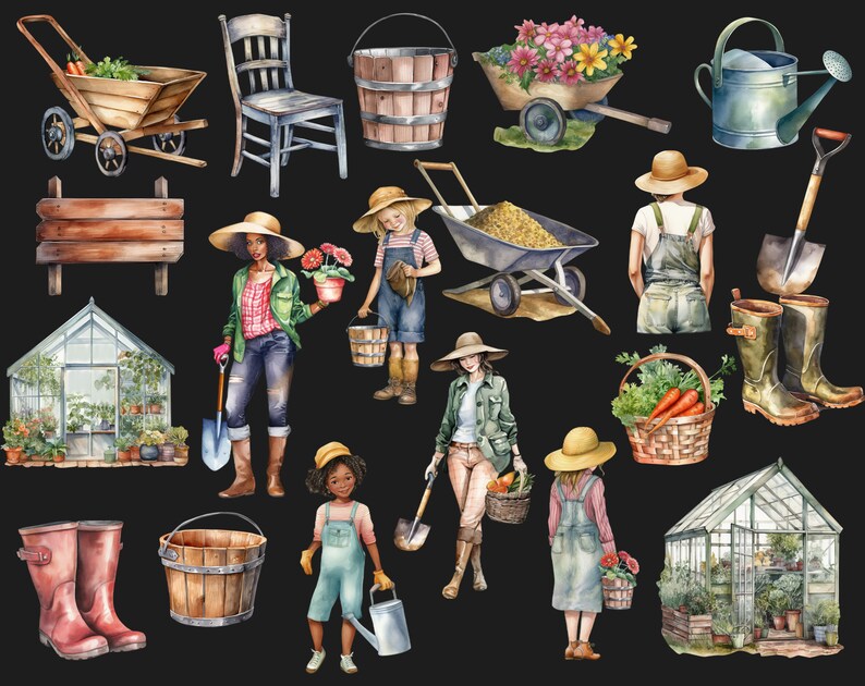 Watercolor Gardening Clipart | Farmhouse, Rustic Garden Illustration ...