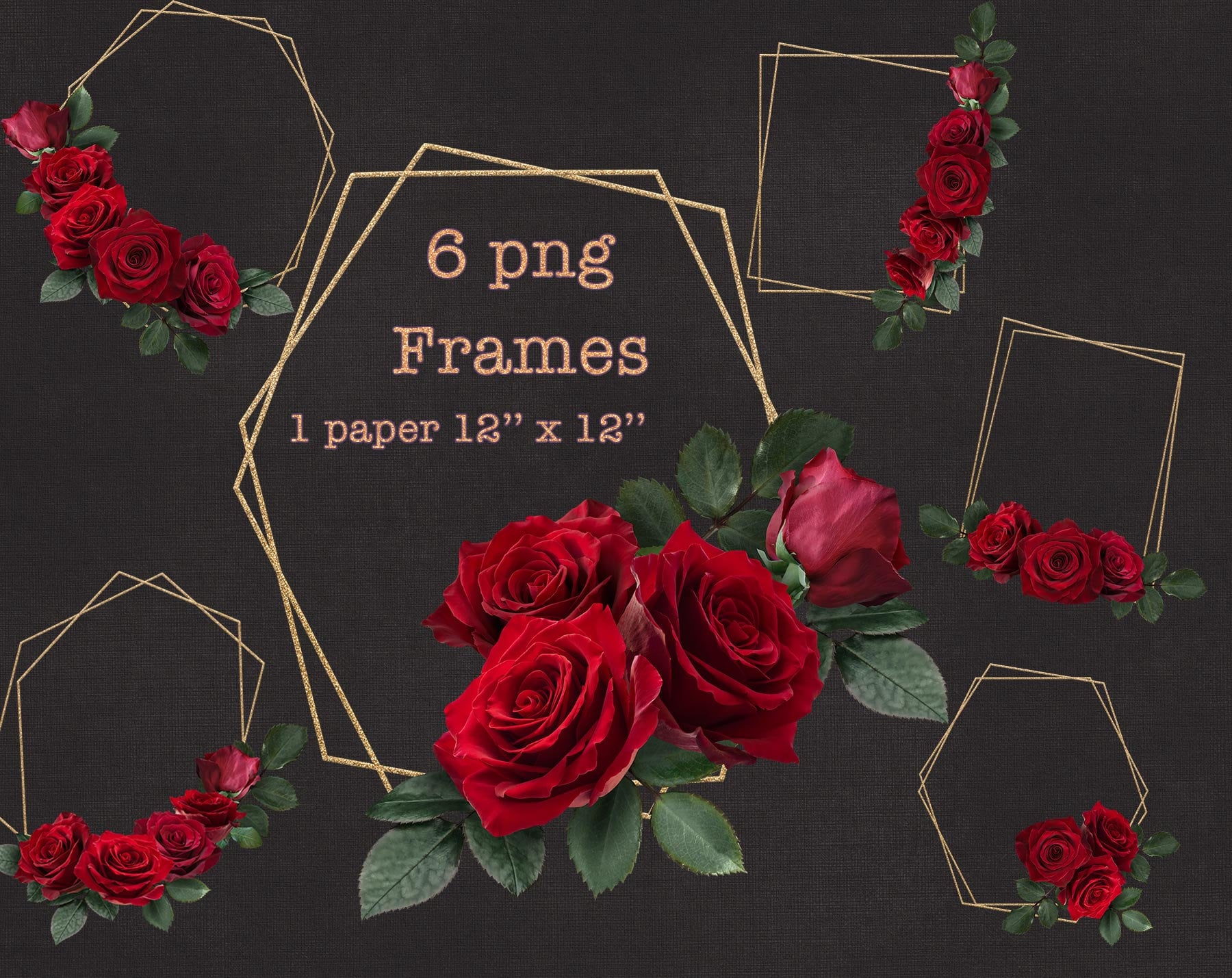 Red Roses Frames | Flowers Geometric Polygonal Frames Clipart | Gold ...