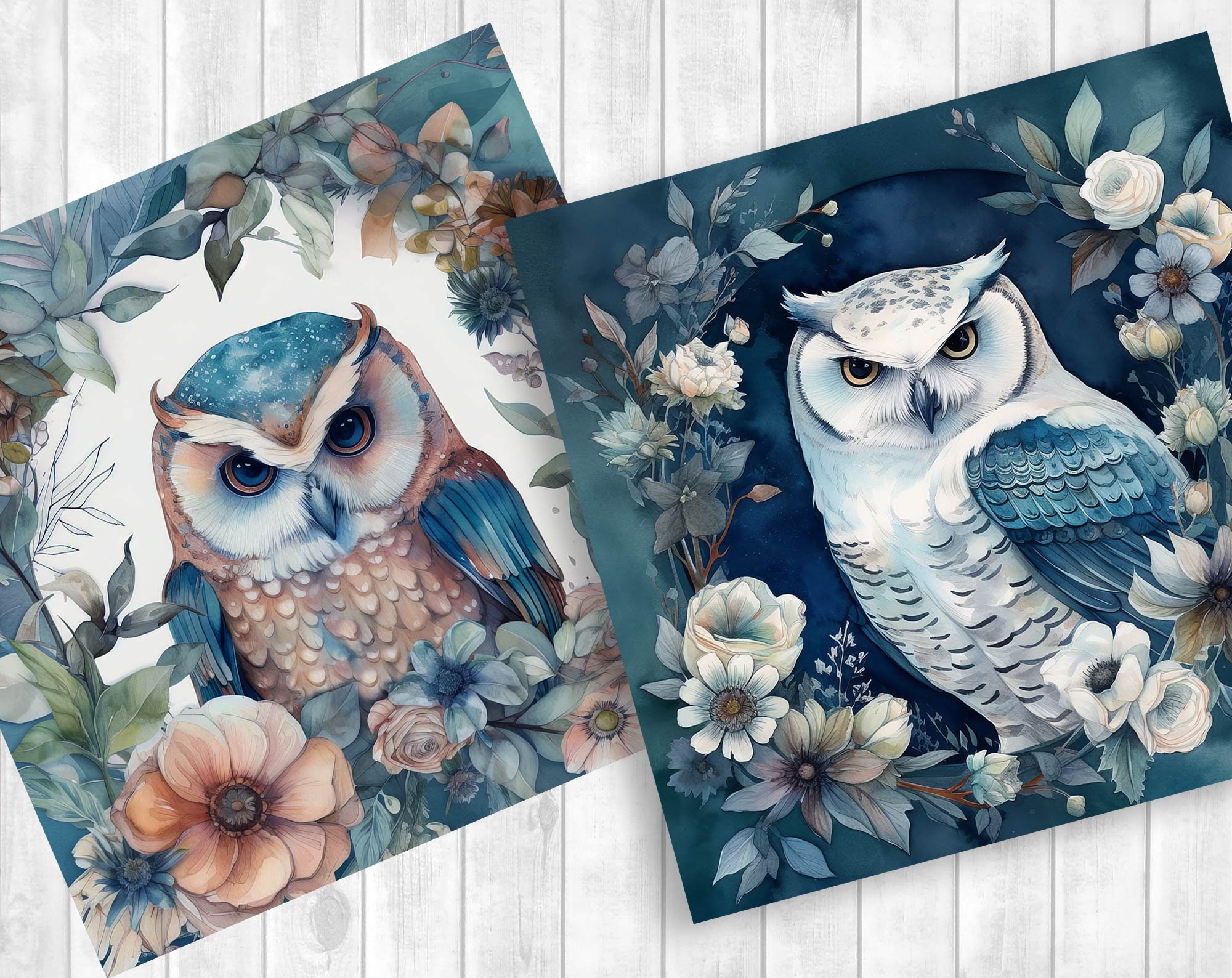 Owls Blue Backgrounds | Watercolor Digital Indigo Scrapbook Paper - Etsy