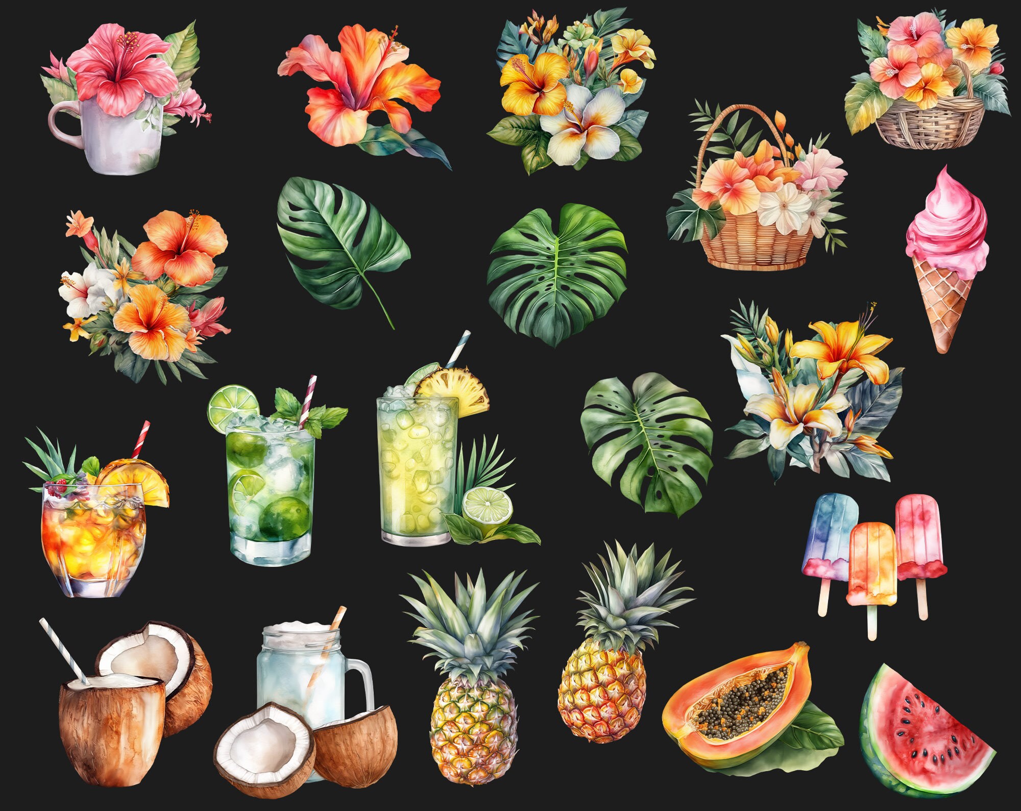 Tropical Clipart Watercolor Summer Beach Clip Art Fruits and Flowers ...