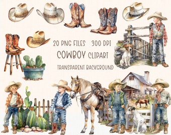 Cute Cowboy Clipart Bundle, Baby Cowboy, Watercolor, Western, Hat ...