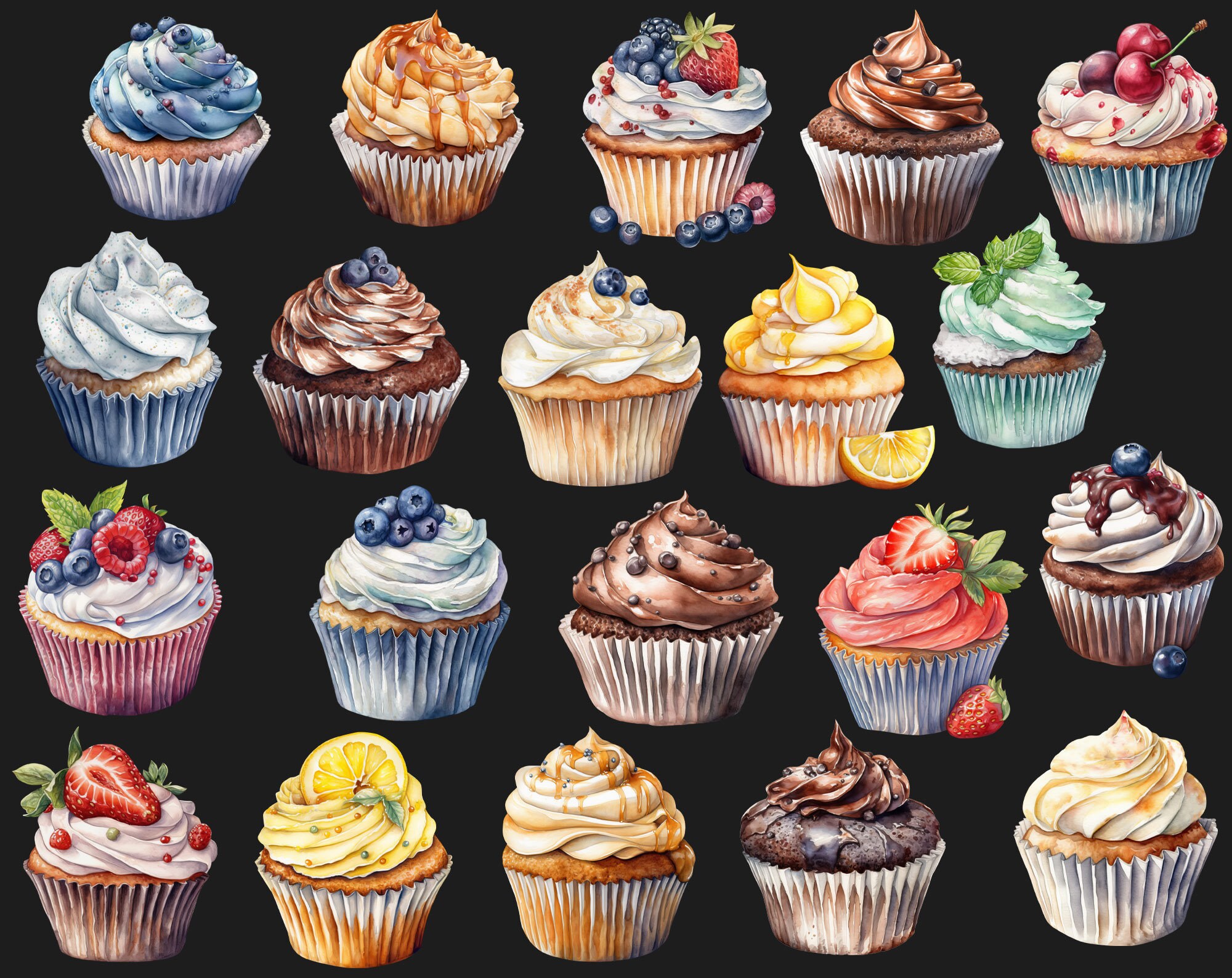 Watercolor Cupcakes Clipart | Sweets Dessert Illustration Set PNG - Etsy