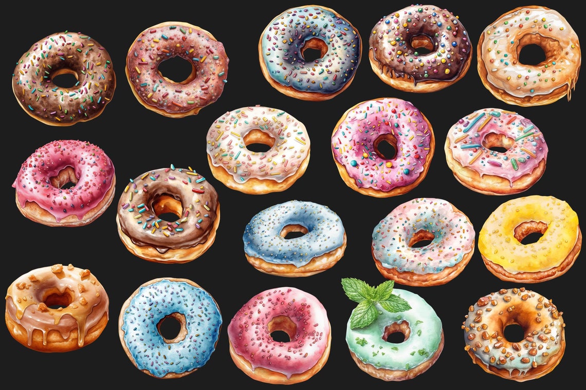 Watercolor Donuts Clipart | Sweets Dessert Illustration Set PNG - Etsy
