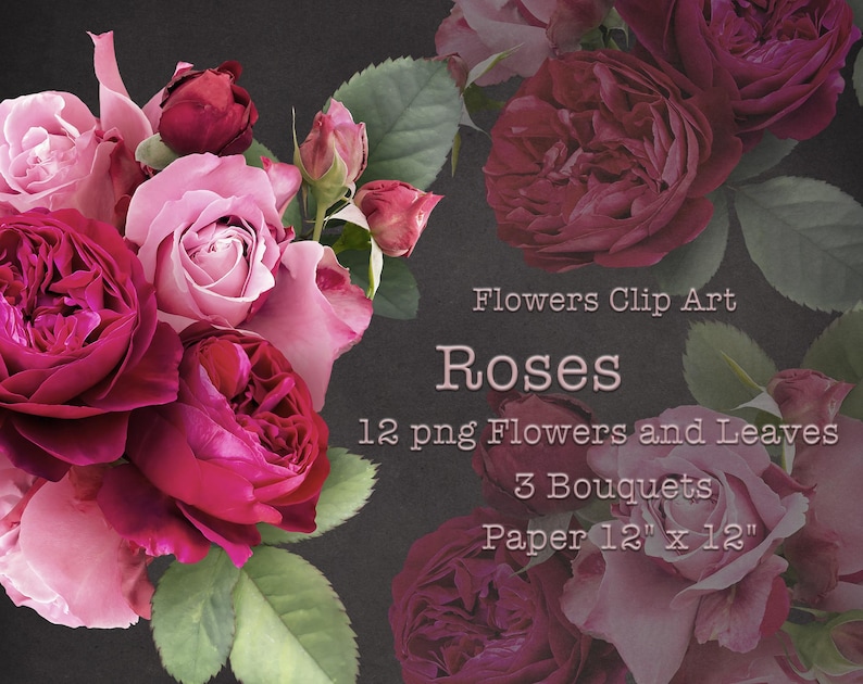 Pink and Red Roses Clip Art Flowers Bouquets Clipart Floral ...