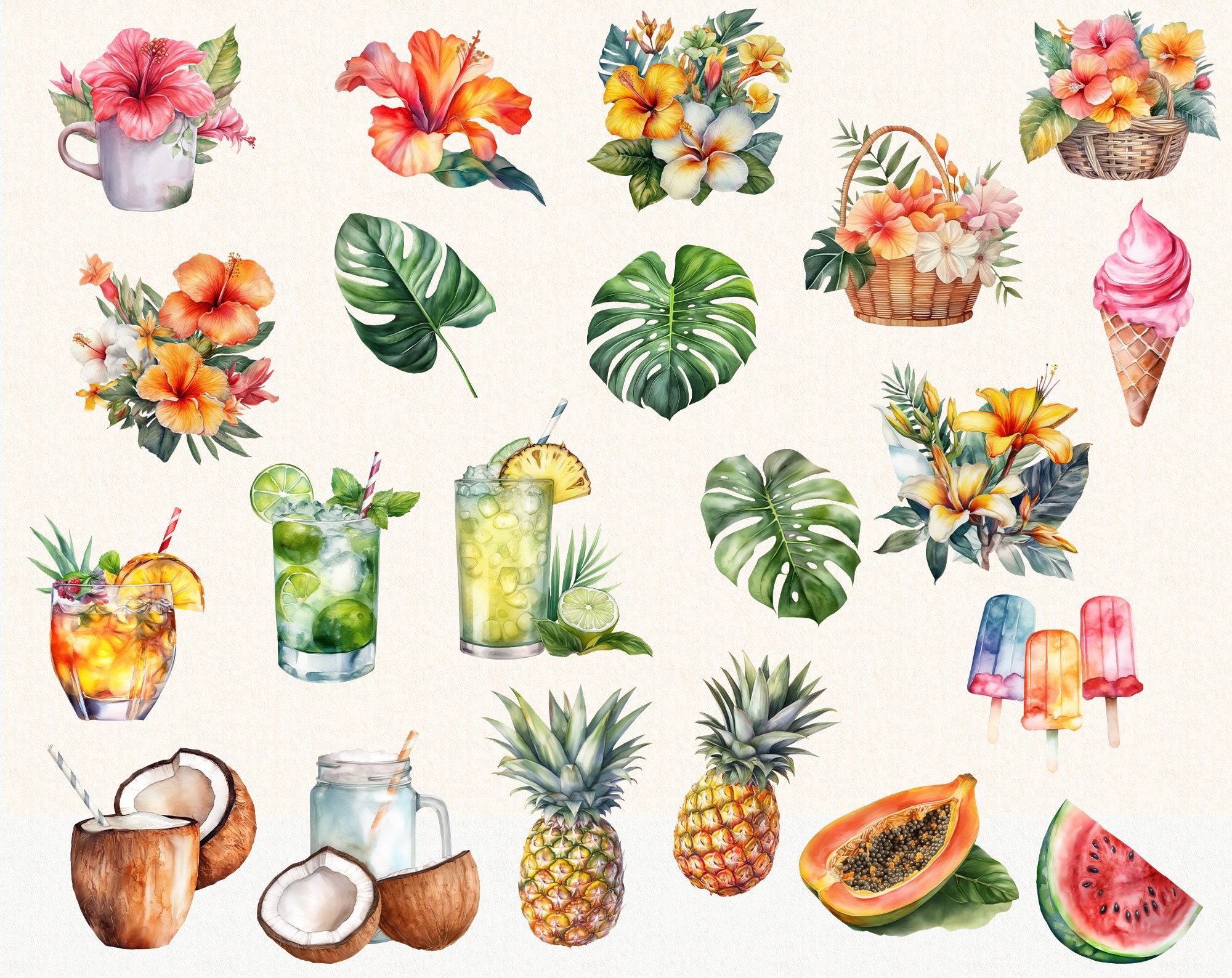 Tropical Clipart Watercolor Summer Beach Clip Art Fruits and Flowers ...