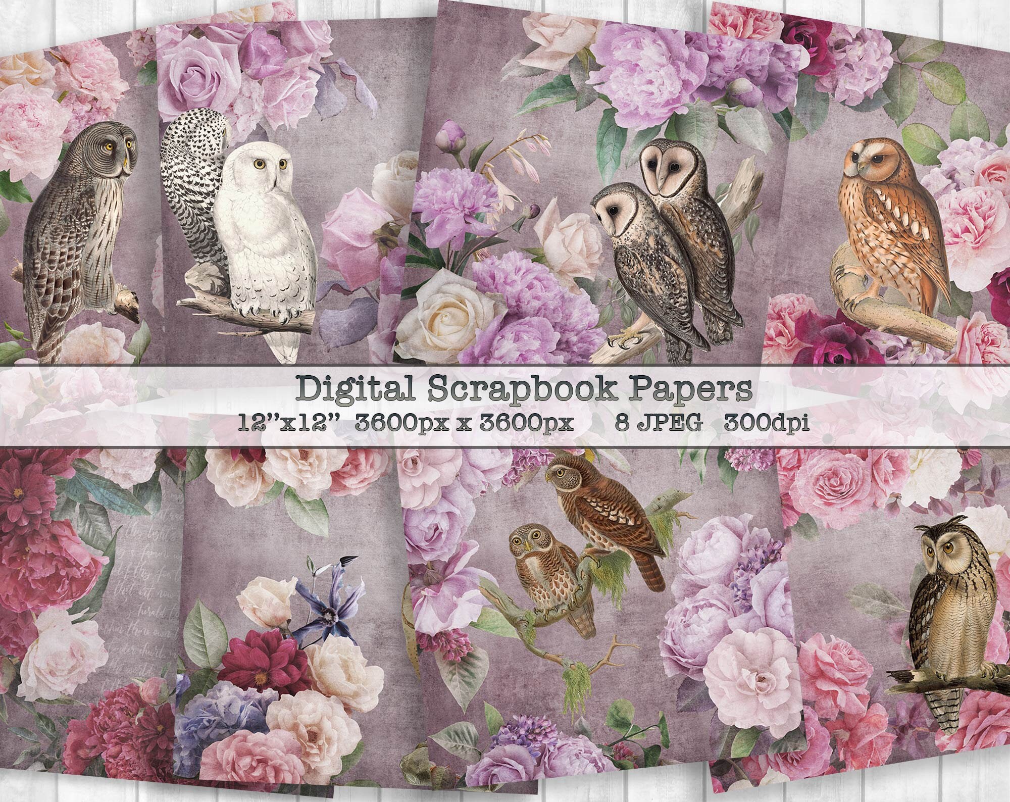 Vintage Owl Printable Paper Flowers Wood Digital Scrapbooking Paper ...