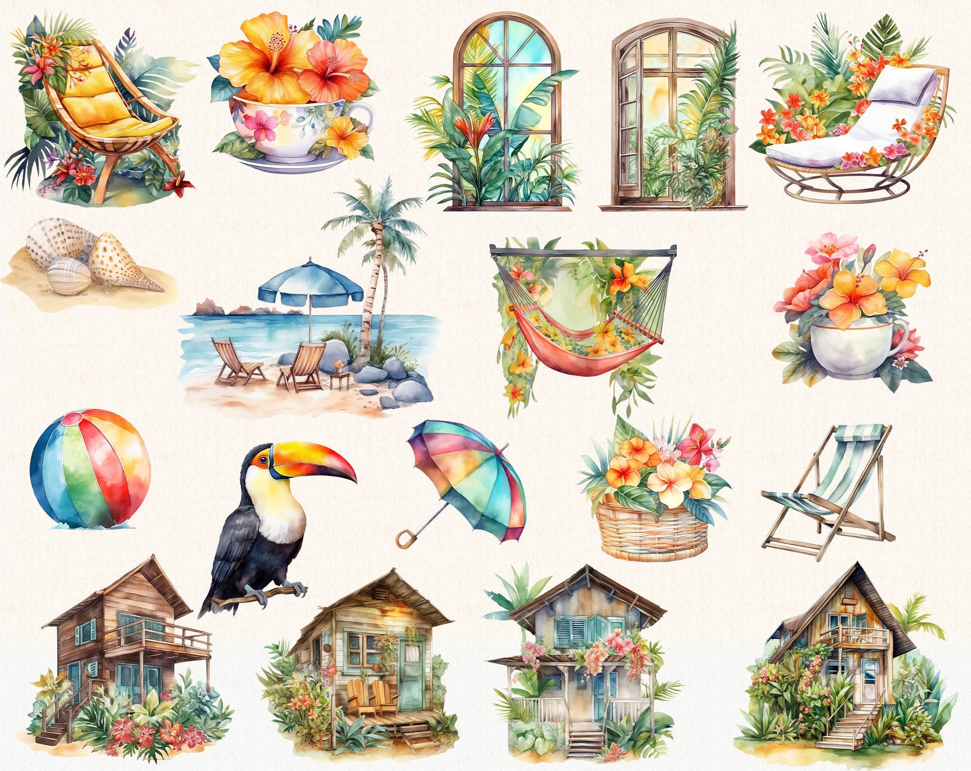Watercolor Tropical Clipart | Summer Beach Clip Art | Fruit ...