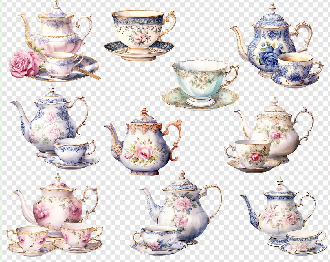 Tea Time Clipart | Watercolor Set of Tea Pots and Cups Clip Art PNG - Etsy