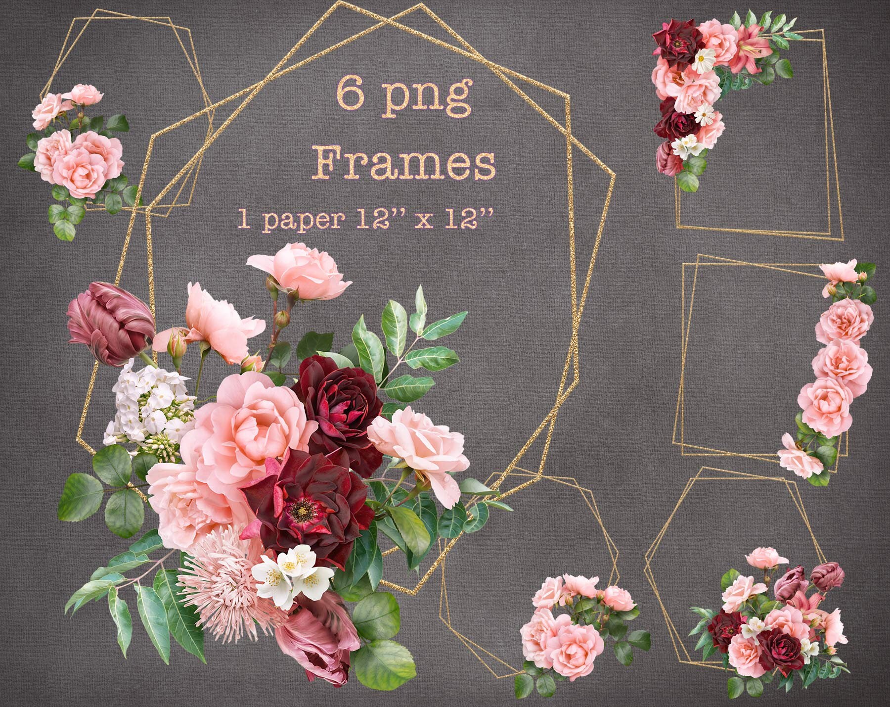 Pink and Red Roses Frames PNG | Flowers Geometric Polygonal Frames ...