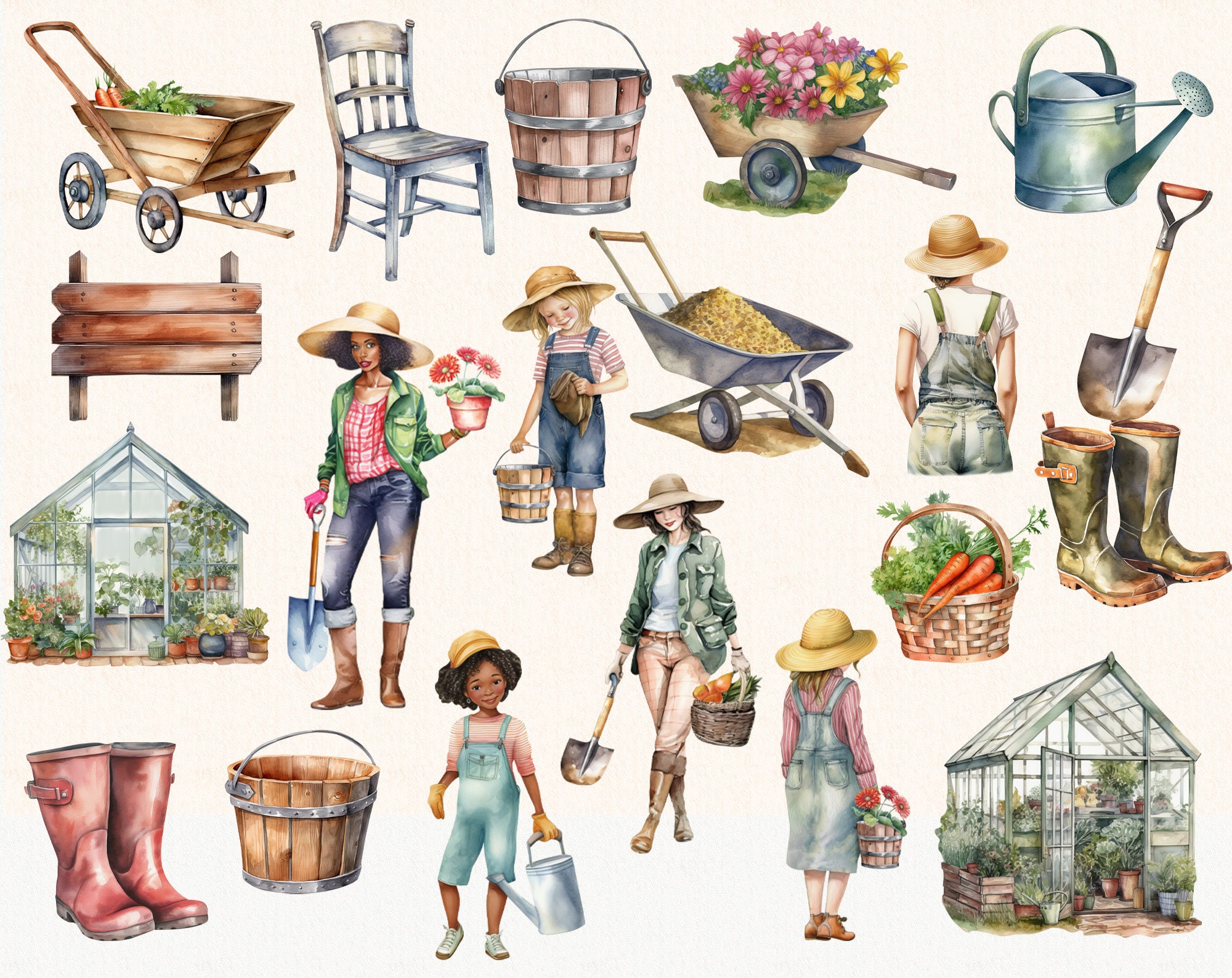 Watercolor Gardening Clipart | Farmhouse, Rustic Garden Illustration ...