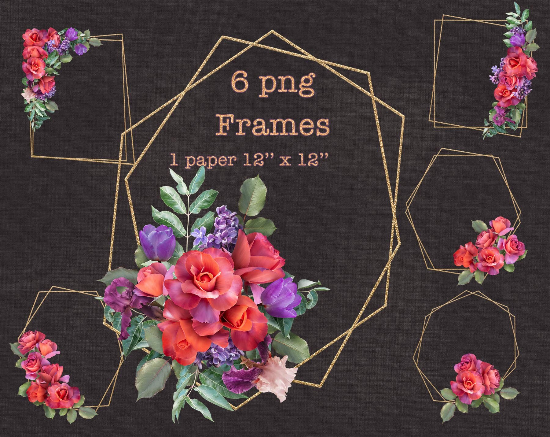 Red and Purple Flowers Frames PNG | Roses Geometric Polygonal Frames ...