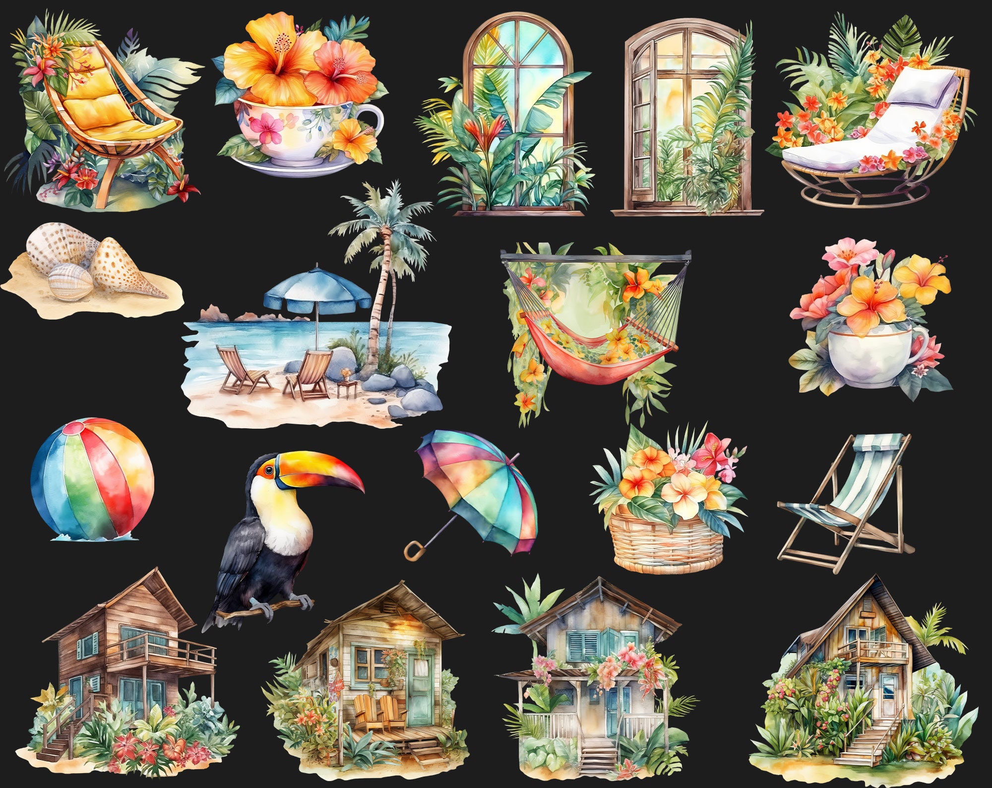 Watercolor Tropical Clipart | Summer Beach Clip Art | Fruit ...