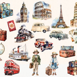Vintage Travel Clipart | Watercolor Travel Vacation Illustration PNG - Etsy