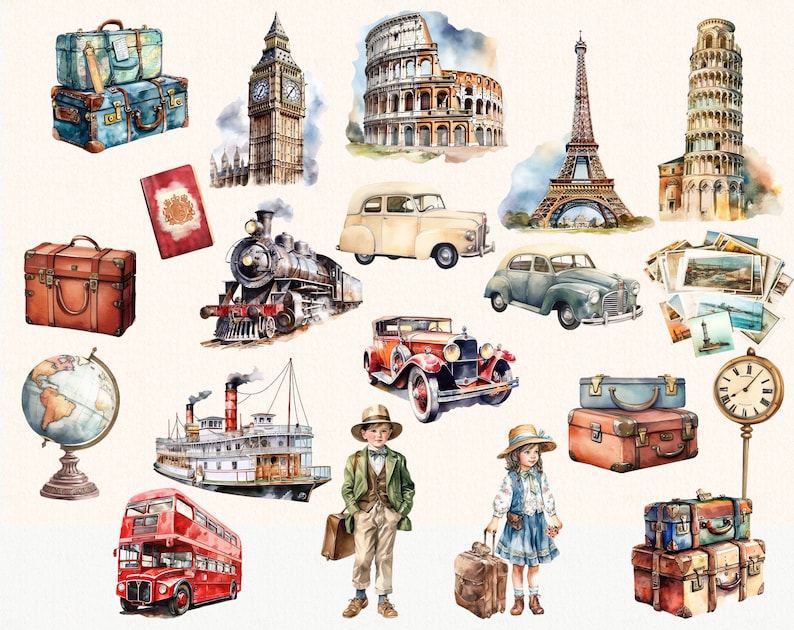 Vintage Travel Clipart | Watercolor Travel Vacation Illustration PNG - Etsy