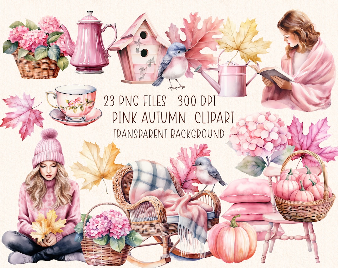 Pink Autumn Clipart | Watercolor Fall Illustrations Clip Art Set PNG - Etsy