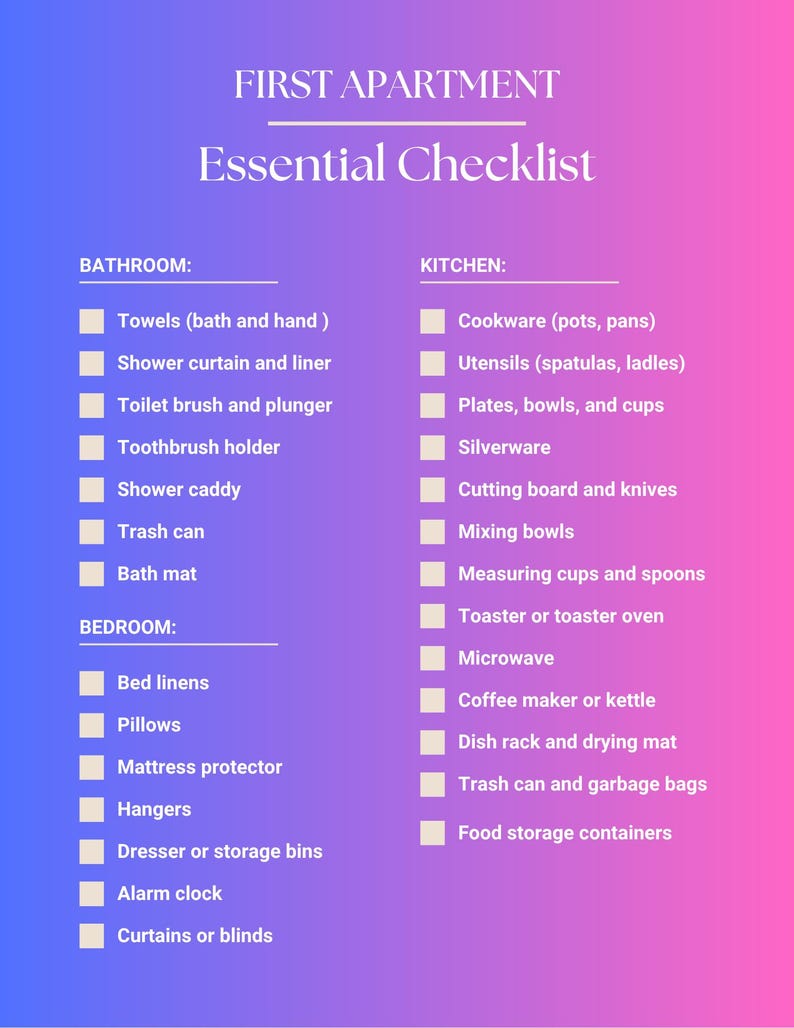 First Apartment Checklist | Minimalist Home Essentials (PDF) - Etsy