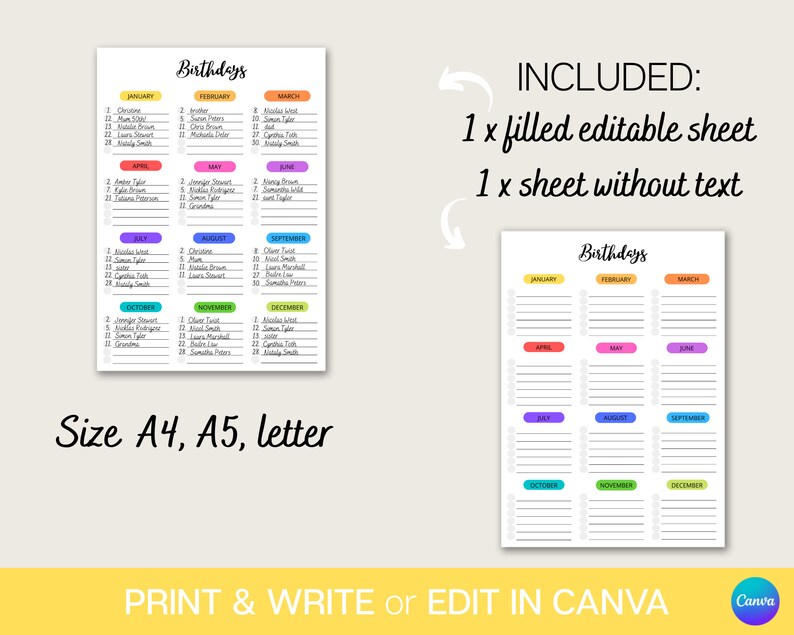 Editable Birthday List Printable Birthday Tracker Birthday - Etsy