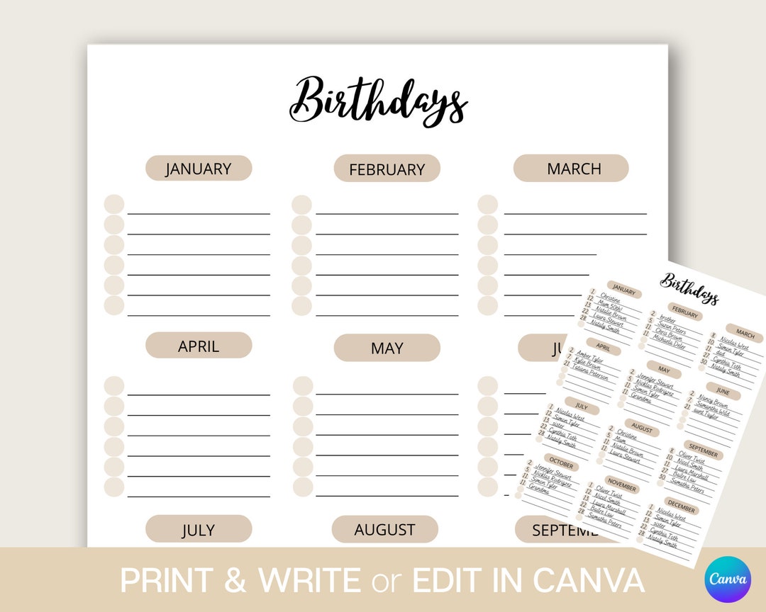 Editable Birthday List Printable Birthday Tracker Birthday Planner ...