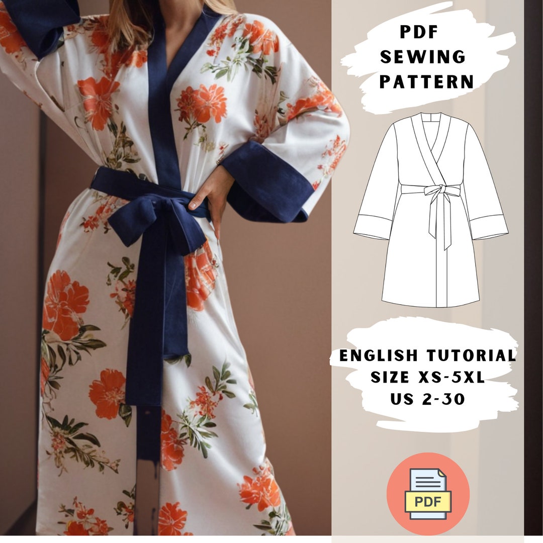 Elegant Floral Kimono Robe With Belt Sewing Patern Women's Lightweight ...