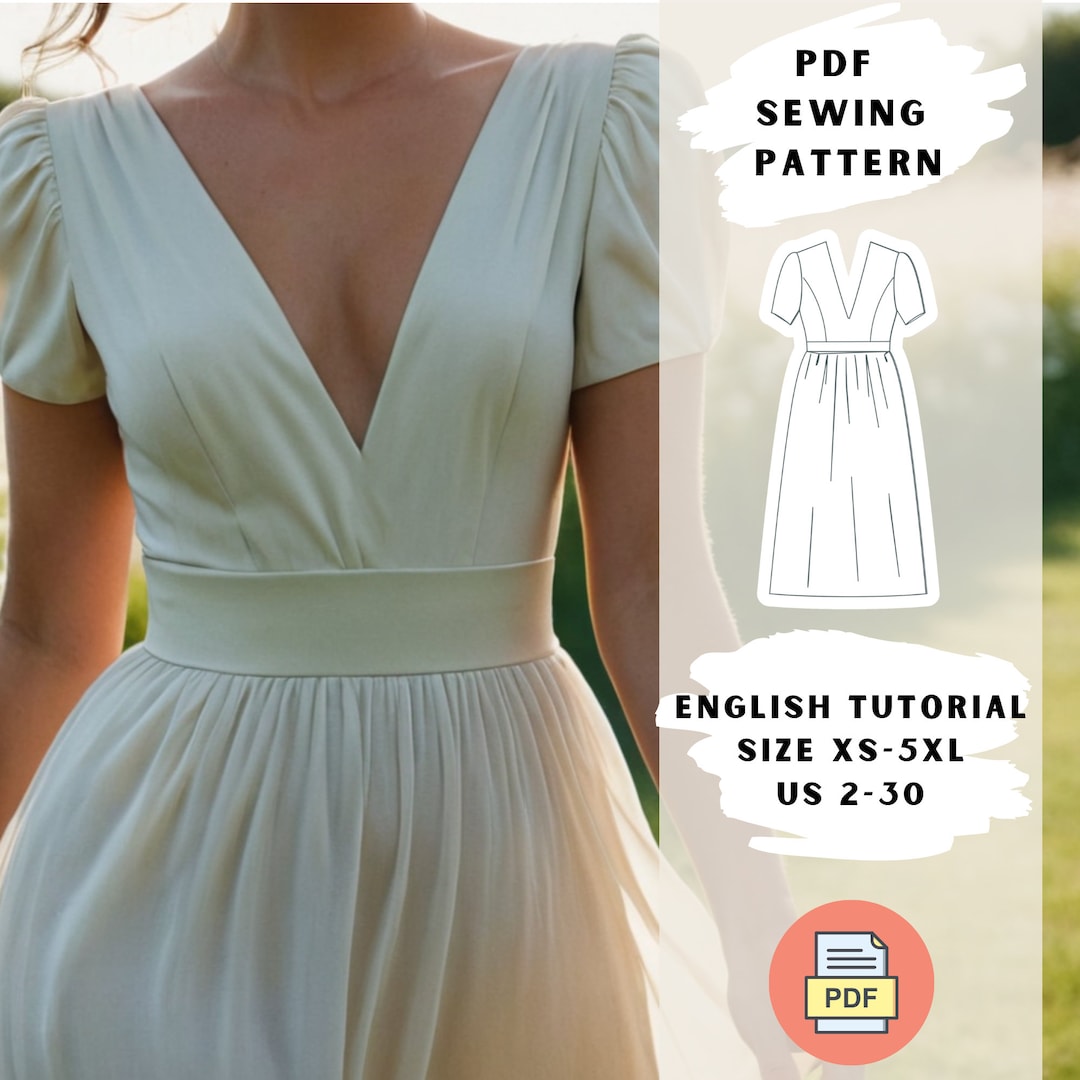 V-neck Puff Sleeve Dress Sewing Pattern PDF | Elegant Pleated Dress | Sizes XS-5XL | Renaissance ...