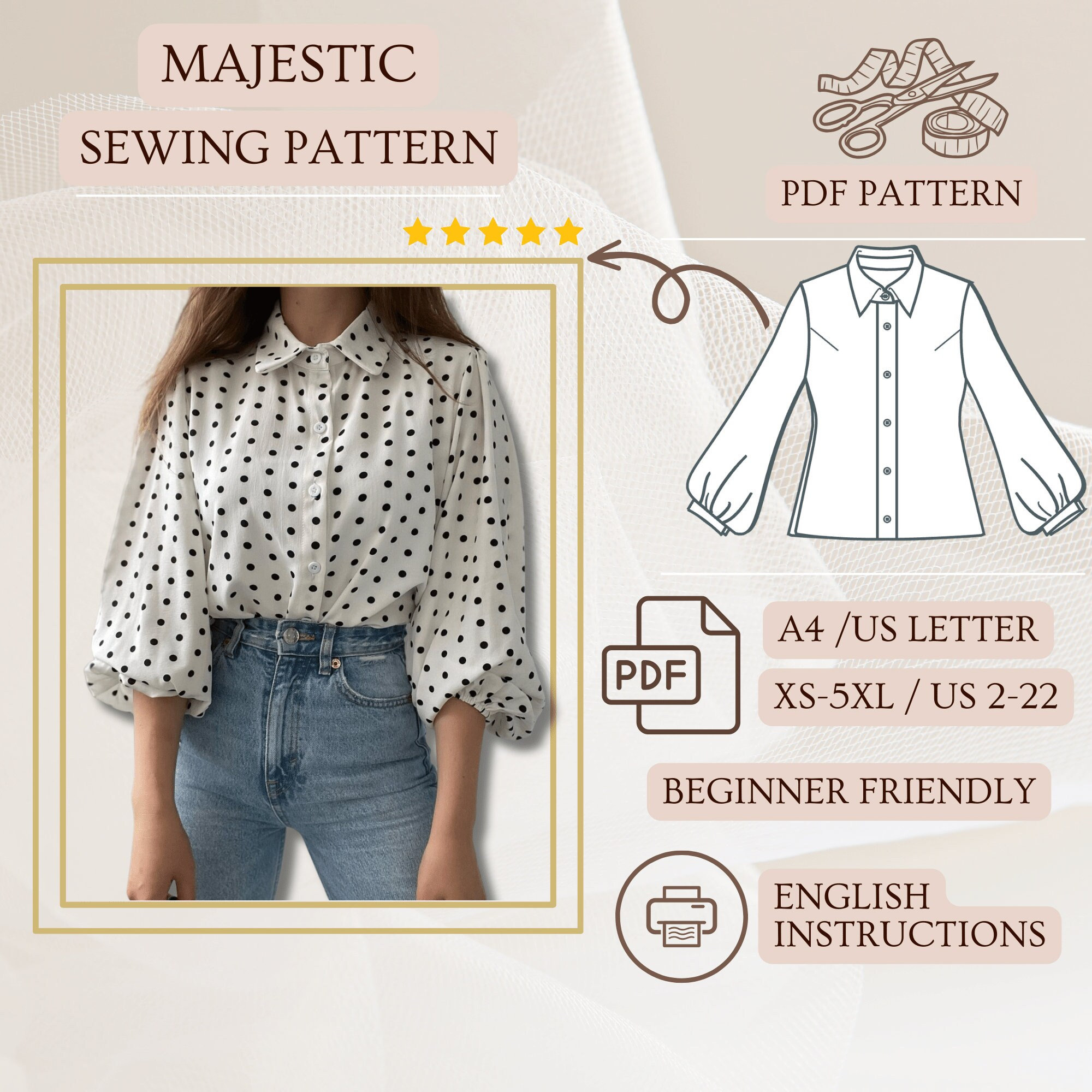 Lantern Sleeve Sewing PDF Pattern Blouse, Size XS-XXL, Puff Sleeve ...