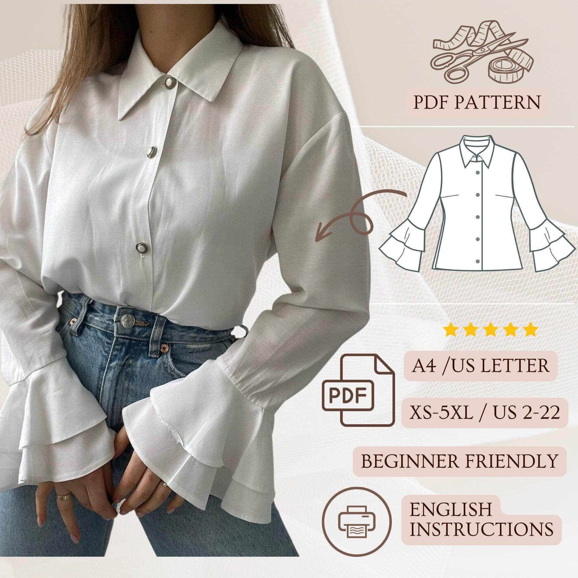 Ruffle Sleeves Blouse PDF, Girl Blouse Pattern, Bell Sleeve Pdf Sewing ...