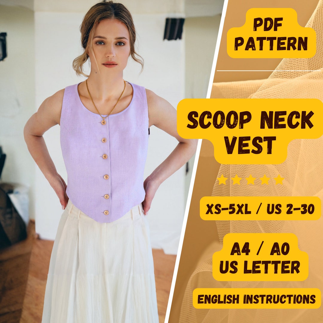 Linen Sewing Vest, Buttoned Vest, Scoop Neck Vest, PDF Sewing Pattern ...