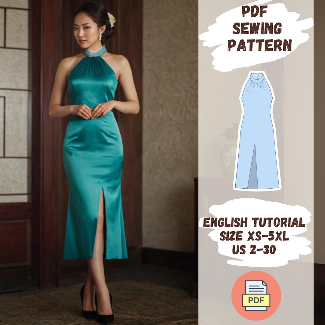 Elegant Teal Satin Cheongsam Dress With High Slit, Sewing PDF Pattern ...