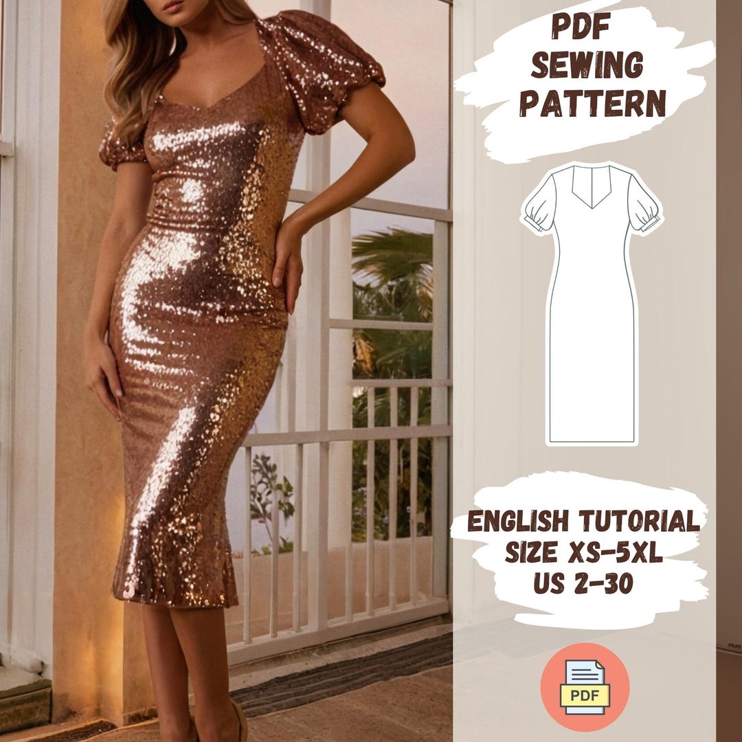 Elegant Sequin Dress Sewing Pattern - Women's Bishop Sleeve Shiny Party ...