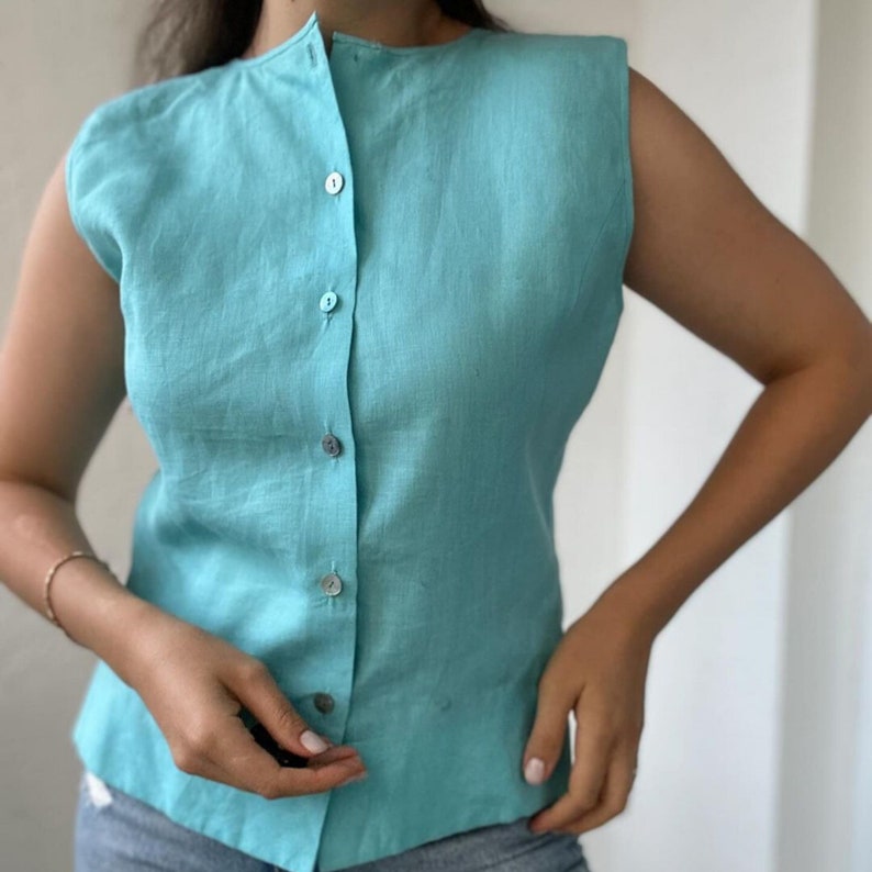 Turquoise Linen Top PDF Sewing Pattern Sleeveless Button-down Blouse ...