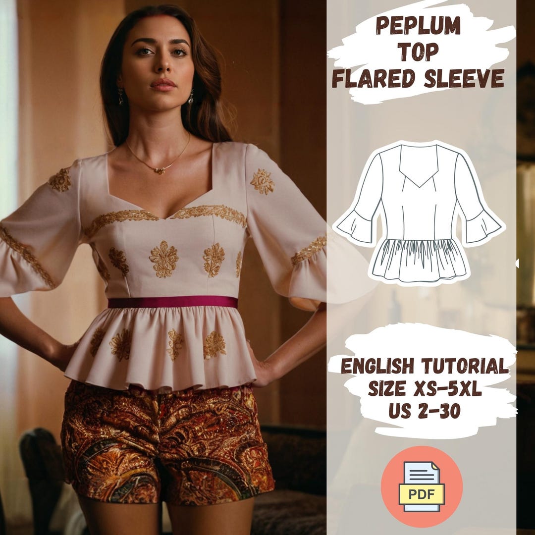 Bohemian Peplum Blouse Sewing Pattern, Elegant Floral Top, Flared ...