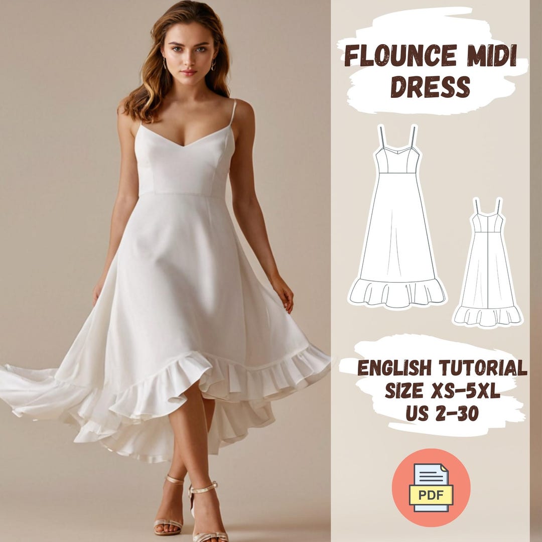 Flounce Midi Dress Sewing Pattern, Ruffle Hem Dress, Easy Wedding Midi ...