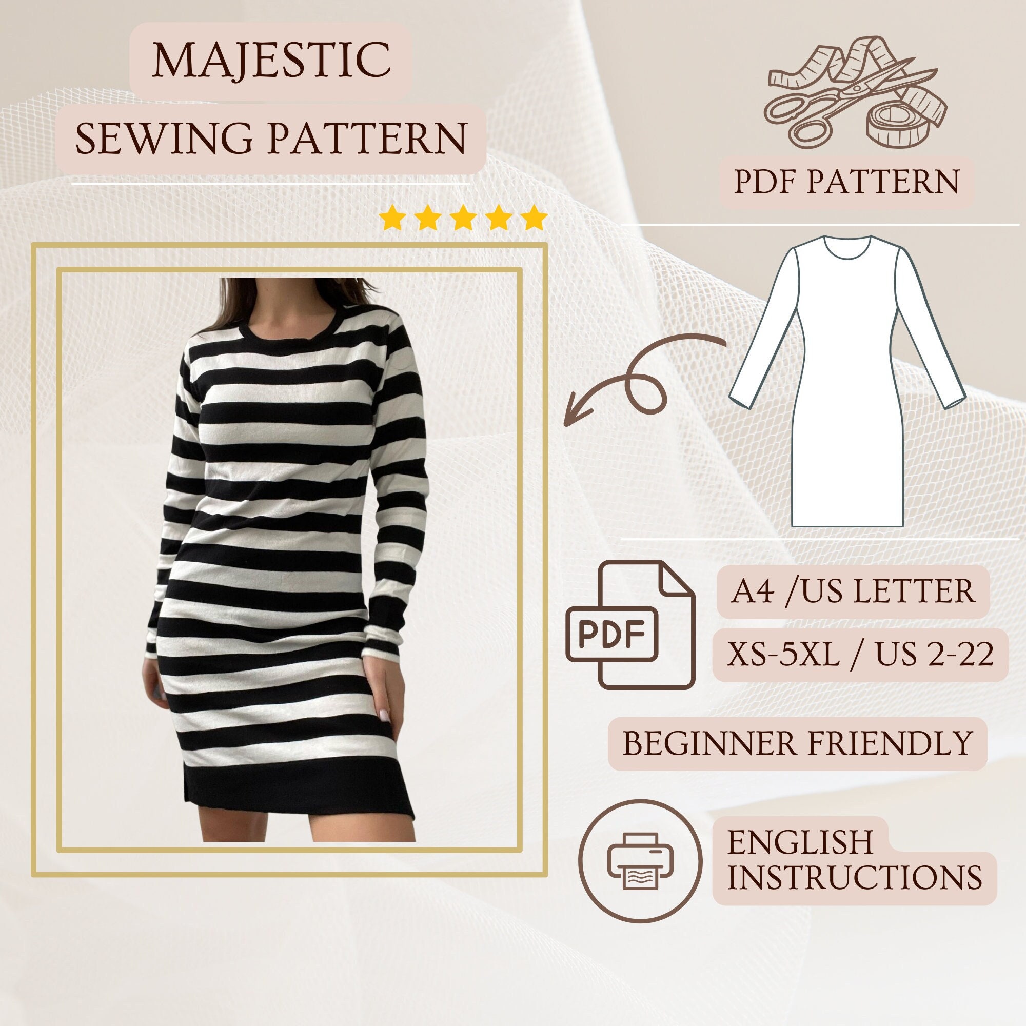 Tunic Dress Sewing Pattern, Long Sleeve Dress, PDF A4 US Letter Print ...