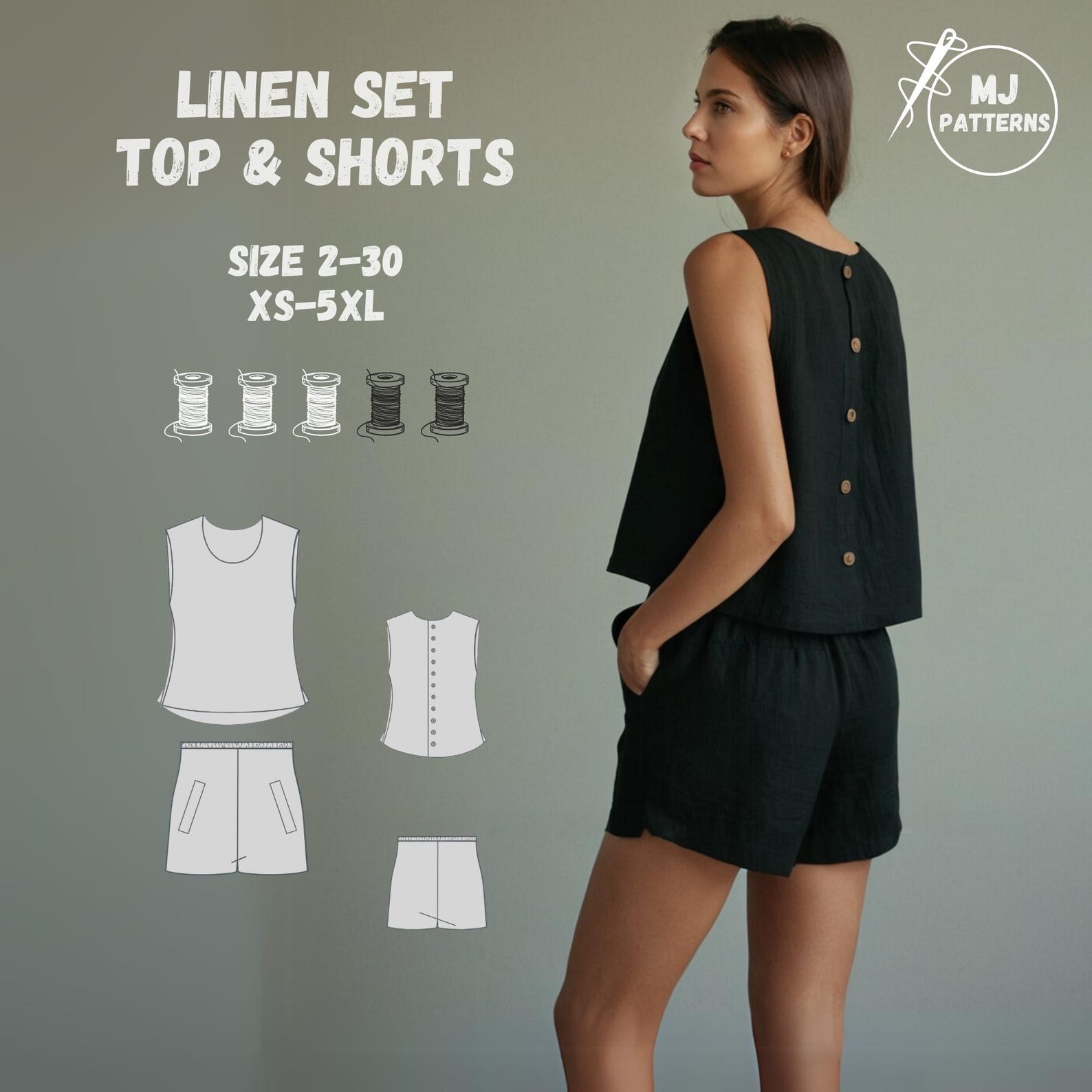 Set Linen Top and Shorts, PDF Sewing Pattern Minimalist Set, Beginner ...