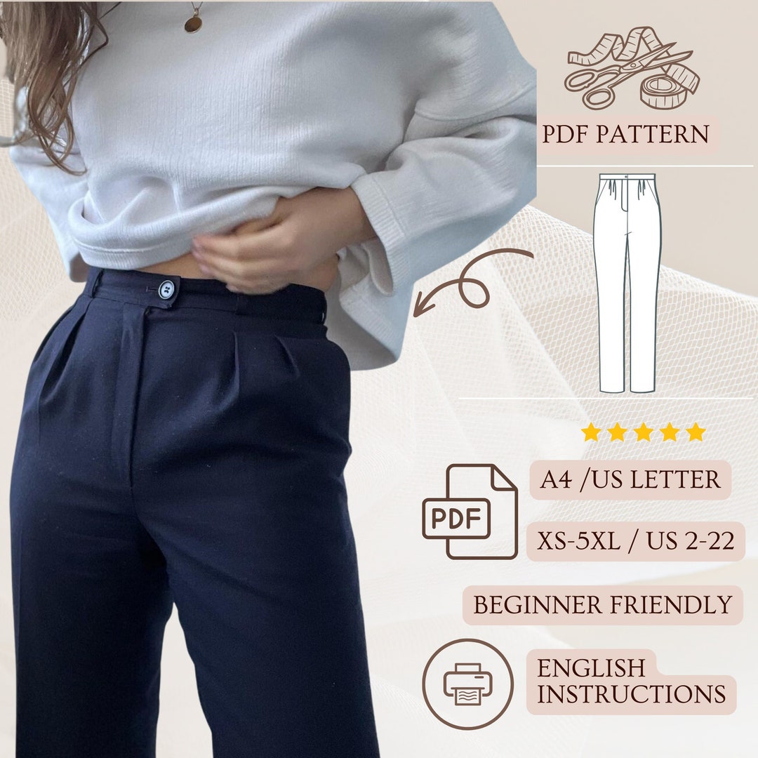 Women High Waist Pants Sewing Pattern, Classic Button Trousers PDF ...